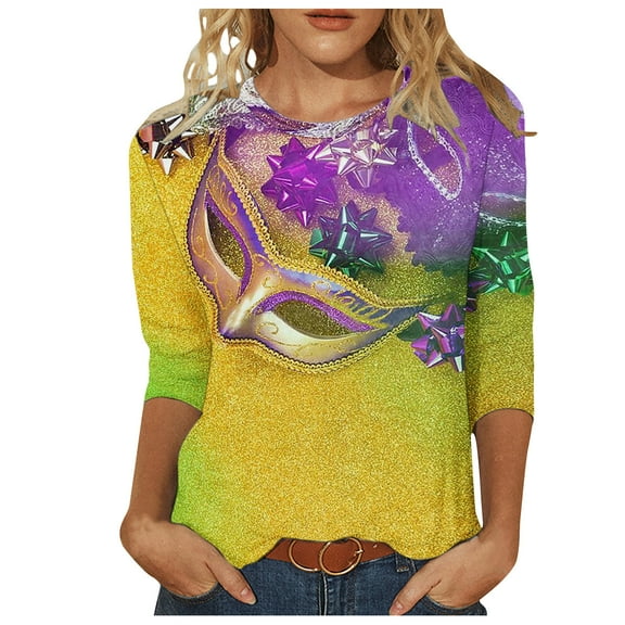 DDAPJ pyju Mardi Gras Shirts for Women 3/4 Sleeve Round Neck Blouses ...
