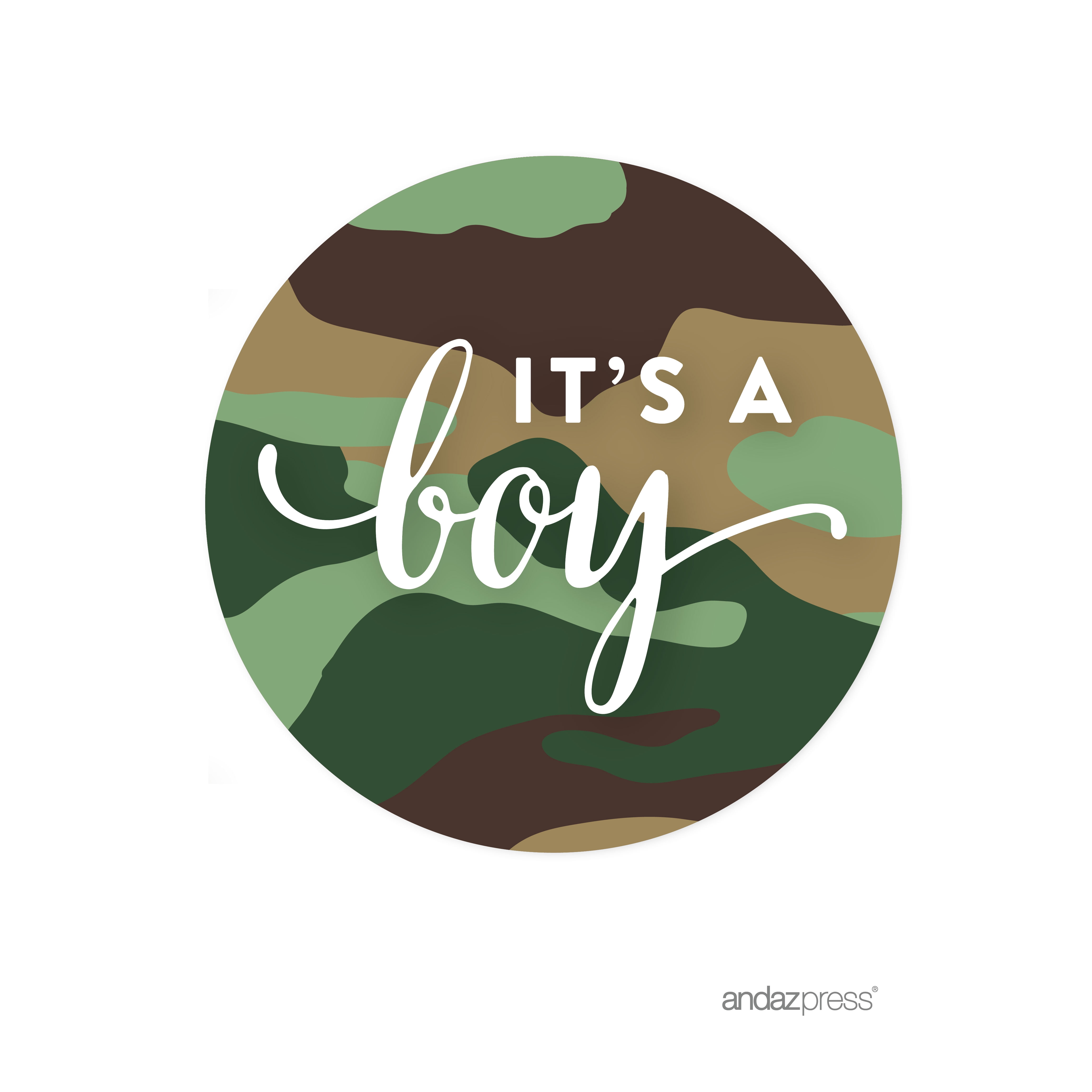 It's A Boy Green Woodland Camouflage Boy Baby Shower Round Label ...