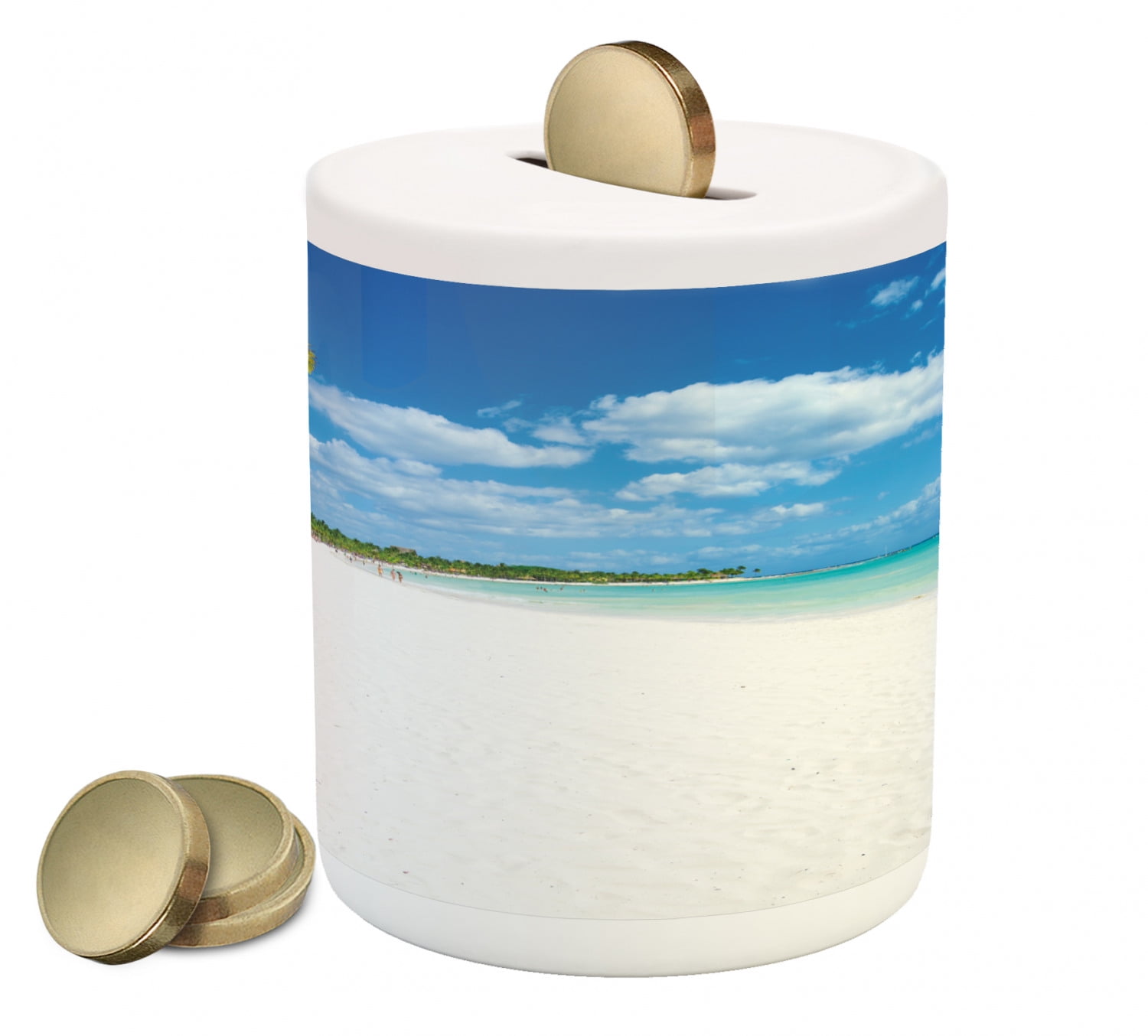 Beach Piggy Bank, Tropical Exotic Seashore with Palm Trees and Clear ...