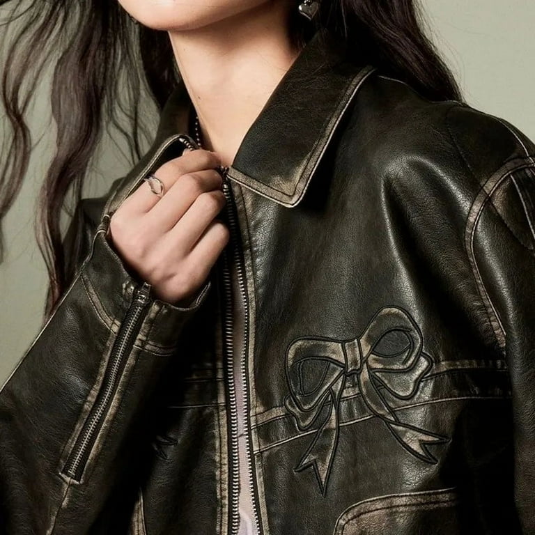 Bow Y2k Motorcycle PU Leather Jacket Female Autumn Fashion Bow Y2k Motorcycle PU Leather Jacket Female Autumn Fashion