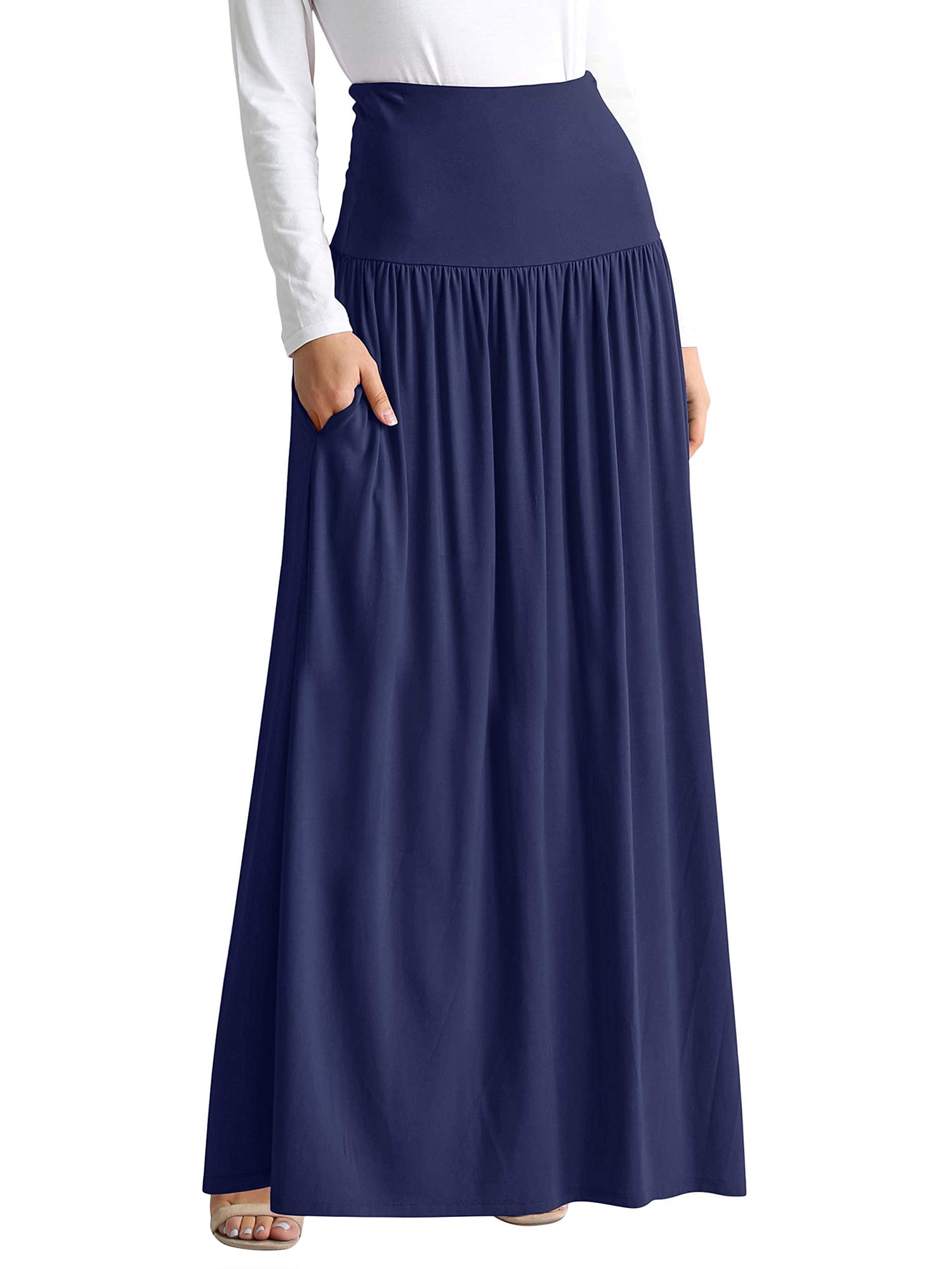 Nlife Women Wide Fold-Over Waistband Pleated Side Pocket Maxi Skirt ...
