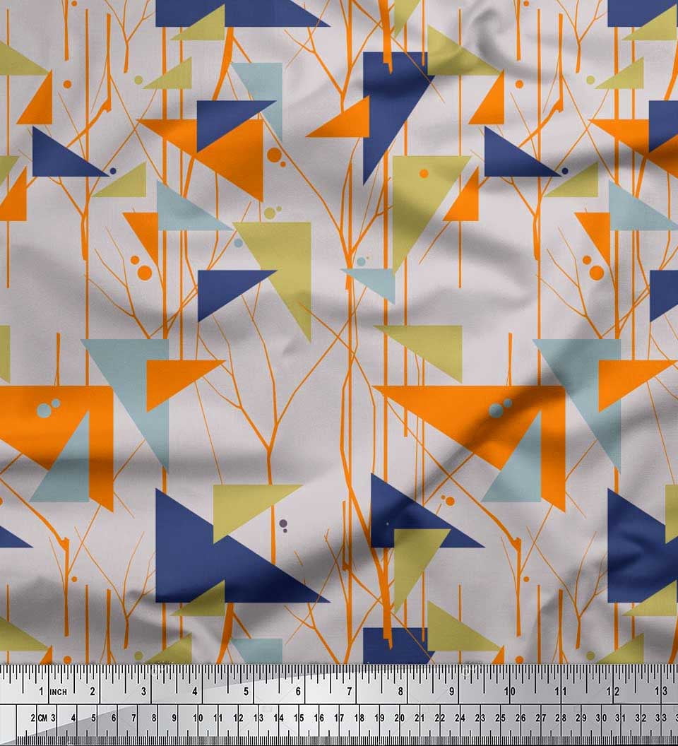 Soimoi Satin Silk Fabric Dot,Branches & Triangle Geometric Print Fabric ...