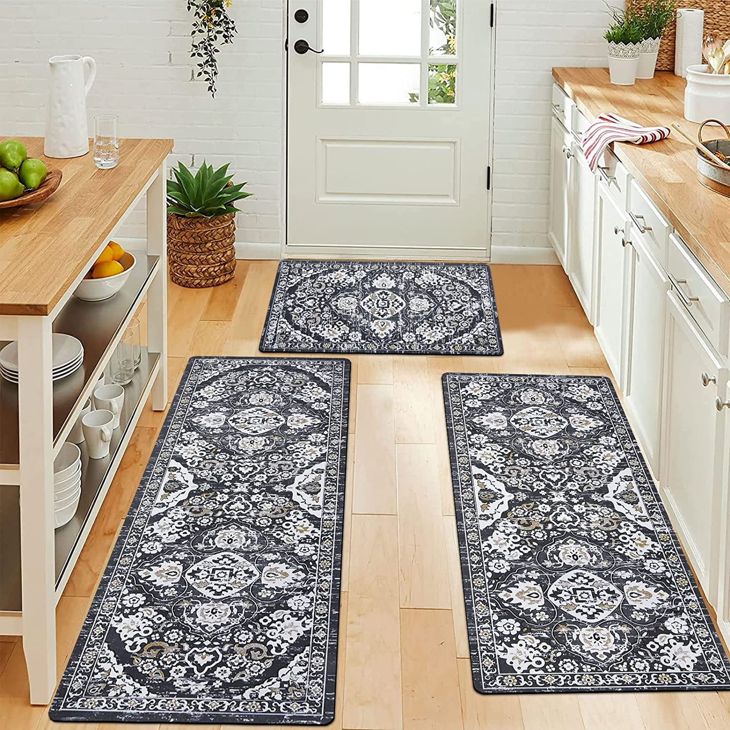 MeyJey Boho Rubber Kitchen Rug Set 3 Pieces Farmhouse Runner Kitchen ...
