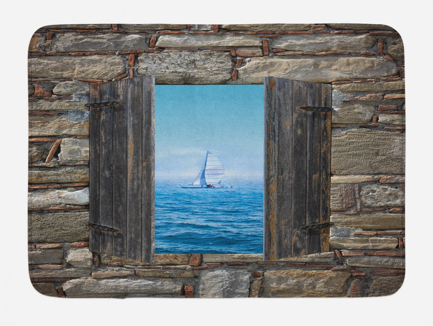 Nautical Bath Mat, Image of A Sailing Boat from Stone Window Narrow ...
