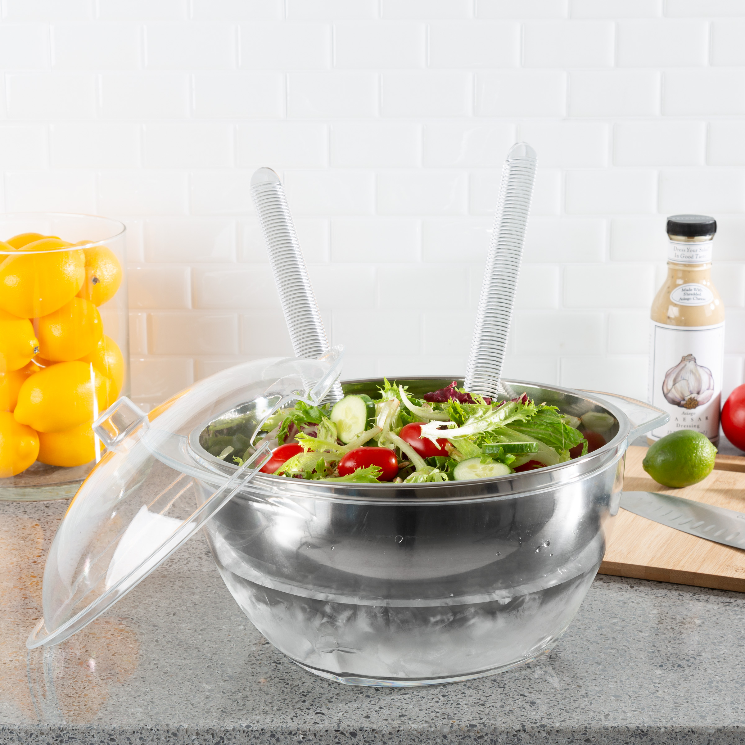 Salad Bowl With Lid And Utensils 5PC Cold Serving Dish Set With Ice Salad Bowl With Lid And Utensils 5PC Cold Serving Dish Set With Ice