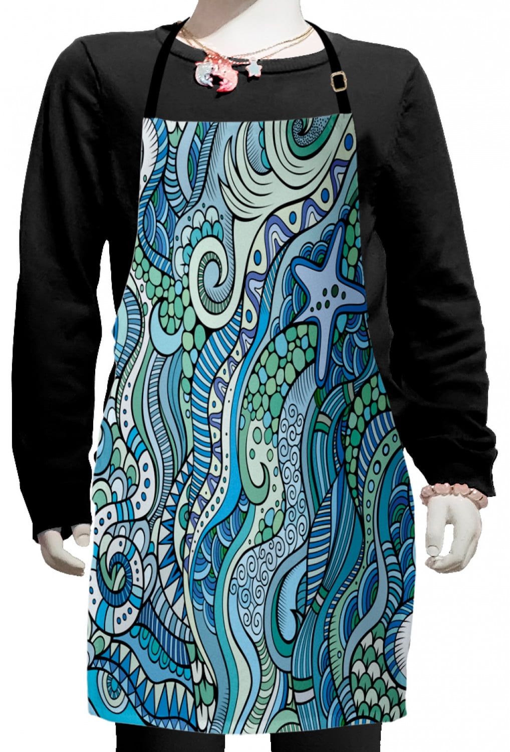 Blue Kids Apron, Underwater Wildlife Inspiration Ornamental Abstract ...