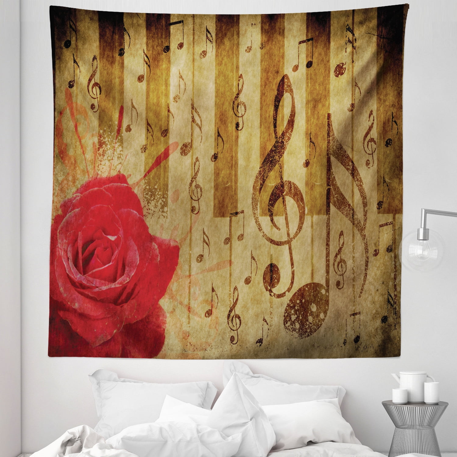 Music Tapestry, Notes and Musical Symbols on Rustic Piano Keyboard Look ...