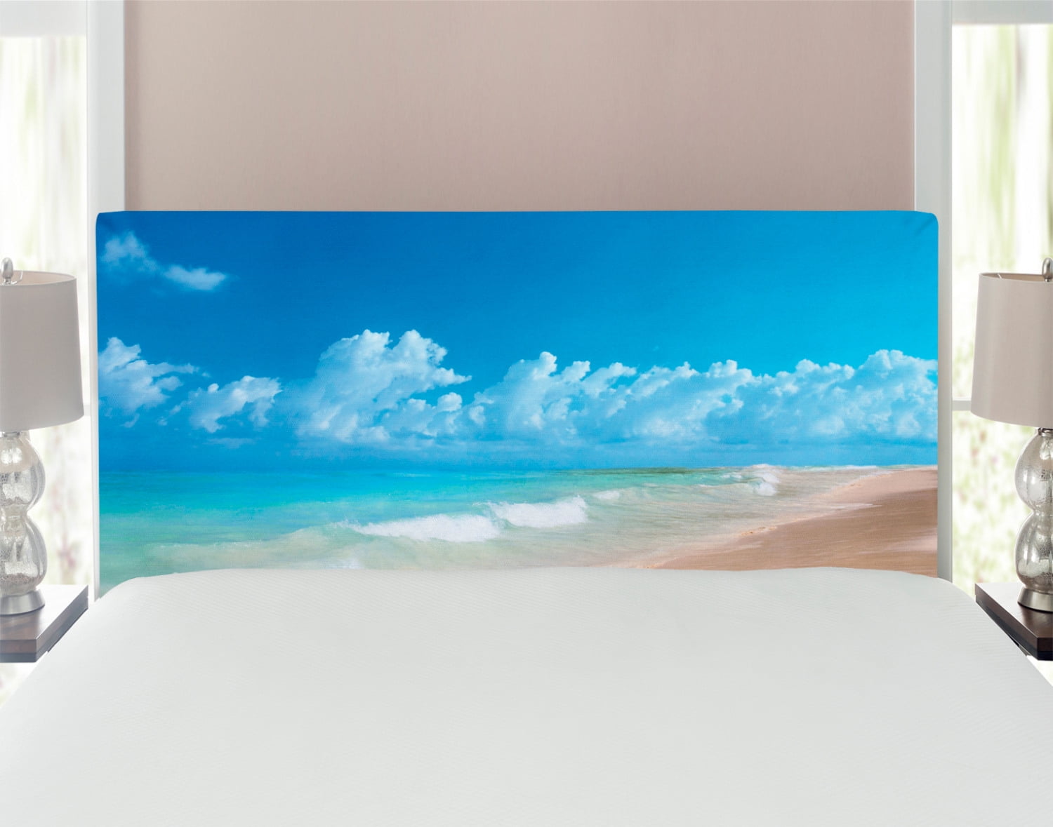 Hawaiian Headboard, Tropical Seacoast Wavy Ocean Fluffy Clouds on ...