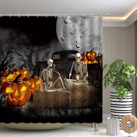 Halloween Shower Curtain Gothic Skeleton Scary Pumpkin Spooky Full Moon ...