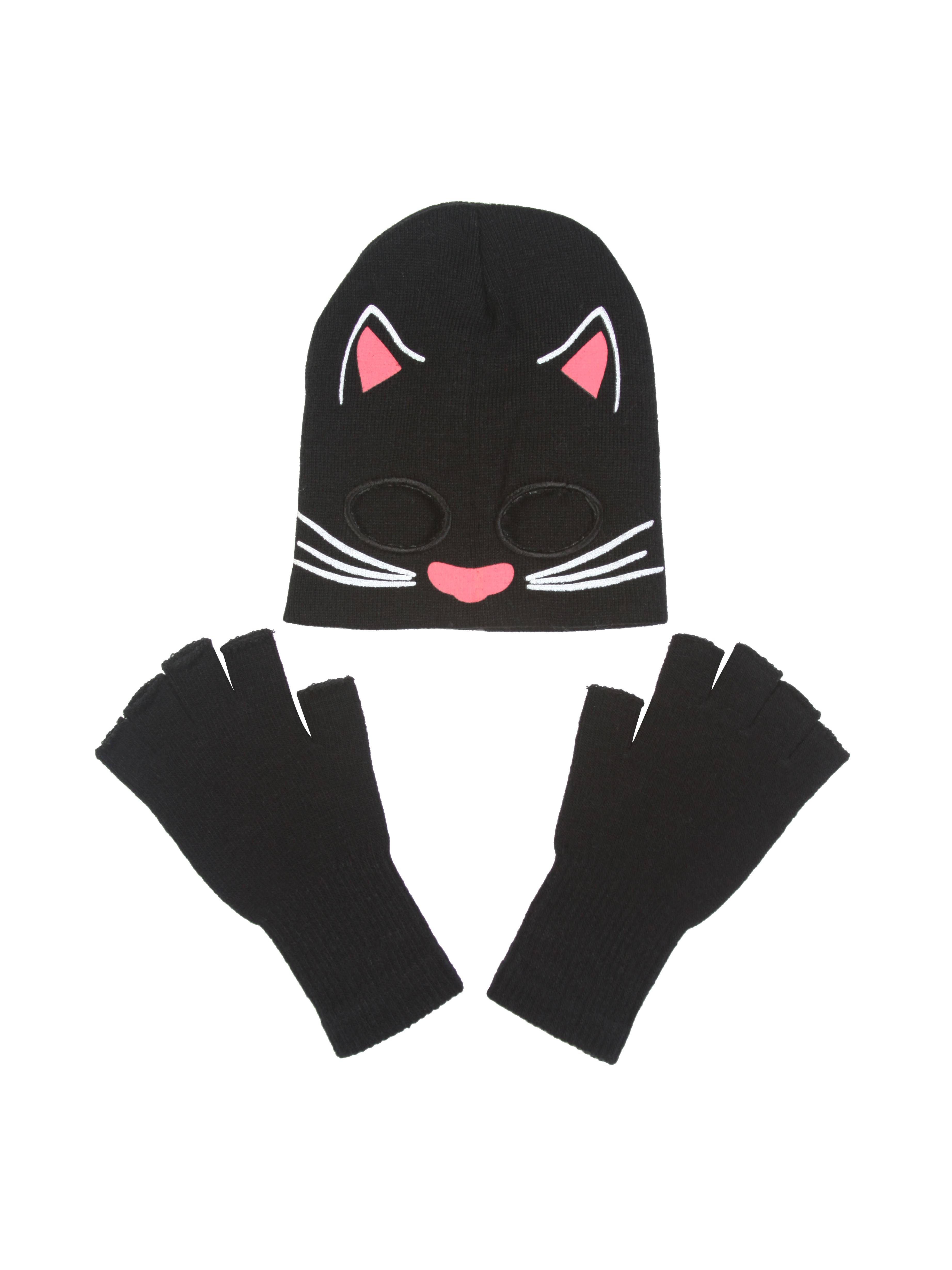 Cat Costume Kit Youth - Cat Half Mask Beanie, Black Fingerless Gloves ...