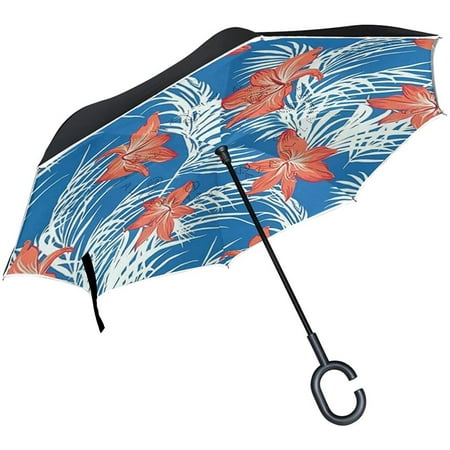 Red Flower and Leaves Reverse Inverted Umrella Graphic Large Doule ...