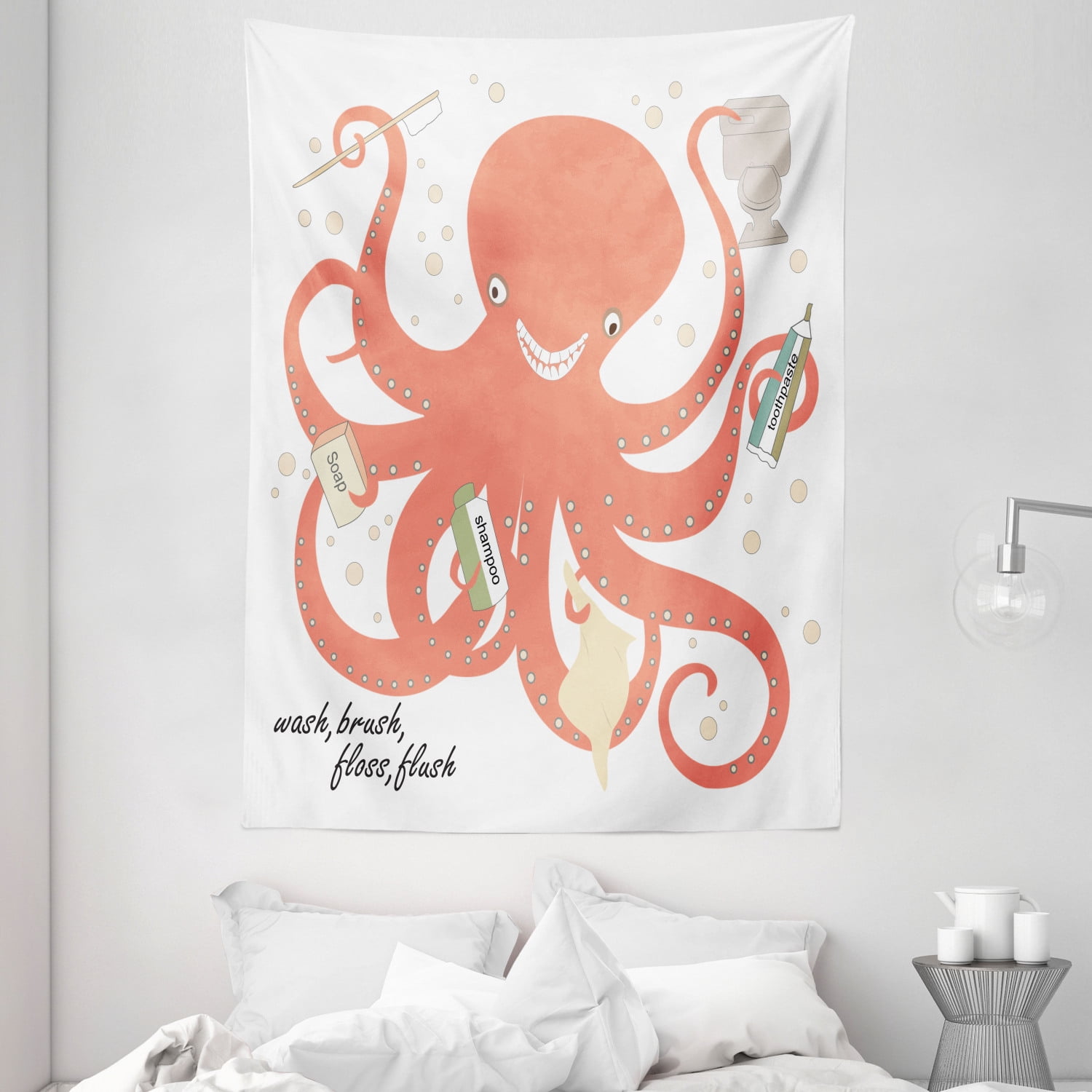 Nautical Tapestry, Octopus Holding Sap Shampoo Toothbrush and ...