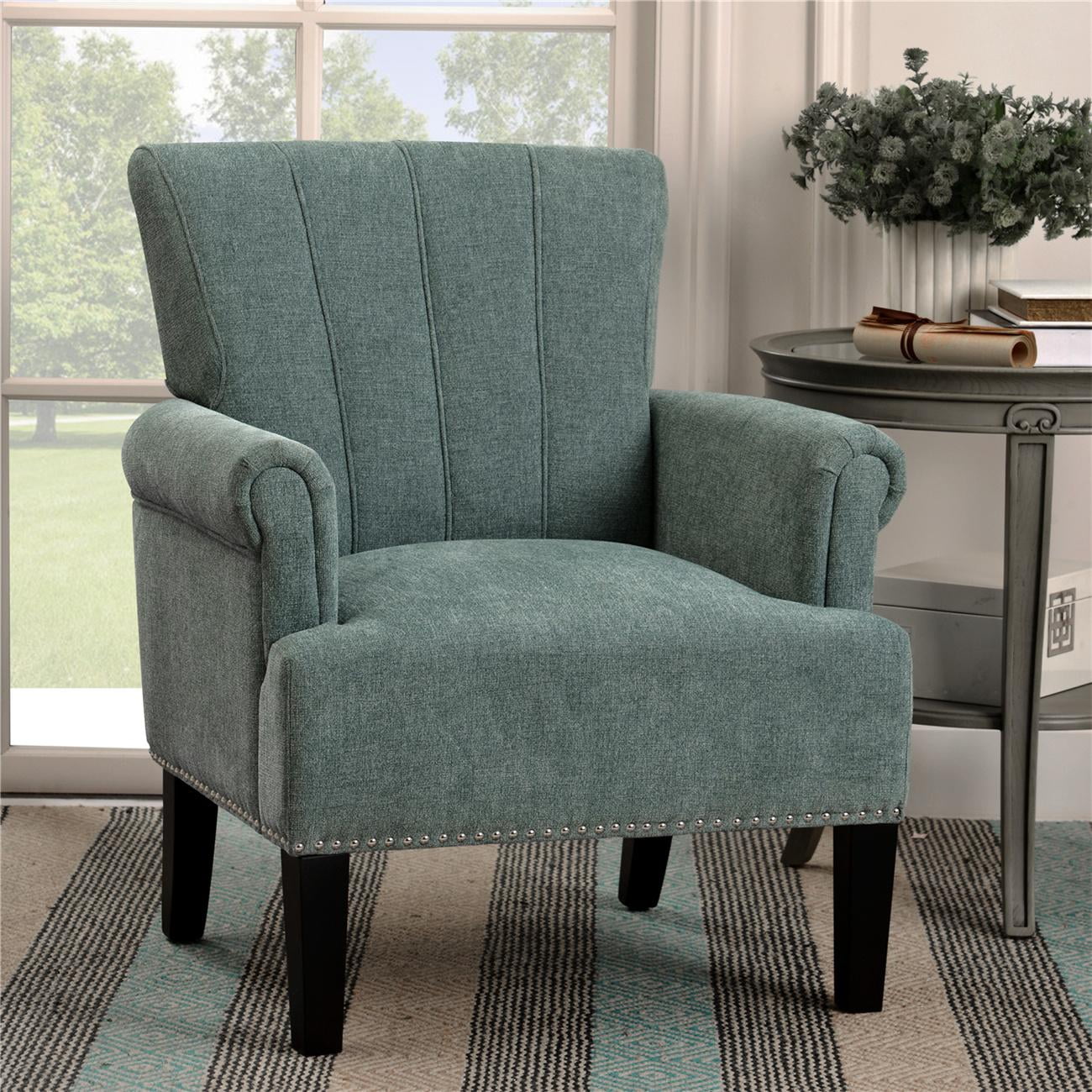Wingback Tufted Fabric Accent Rivet Chair, Vintage Club Seat for Living ...