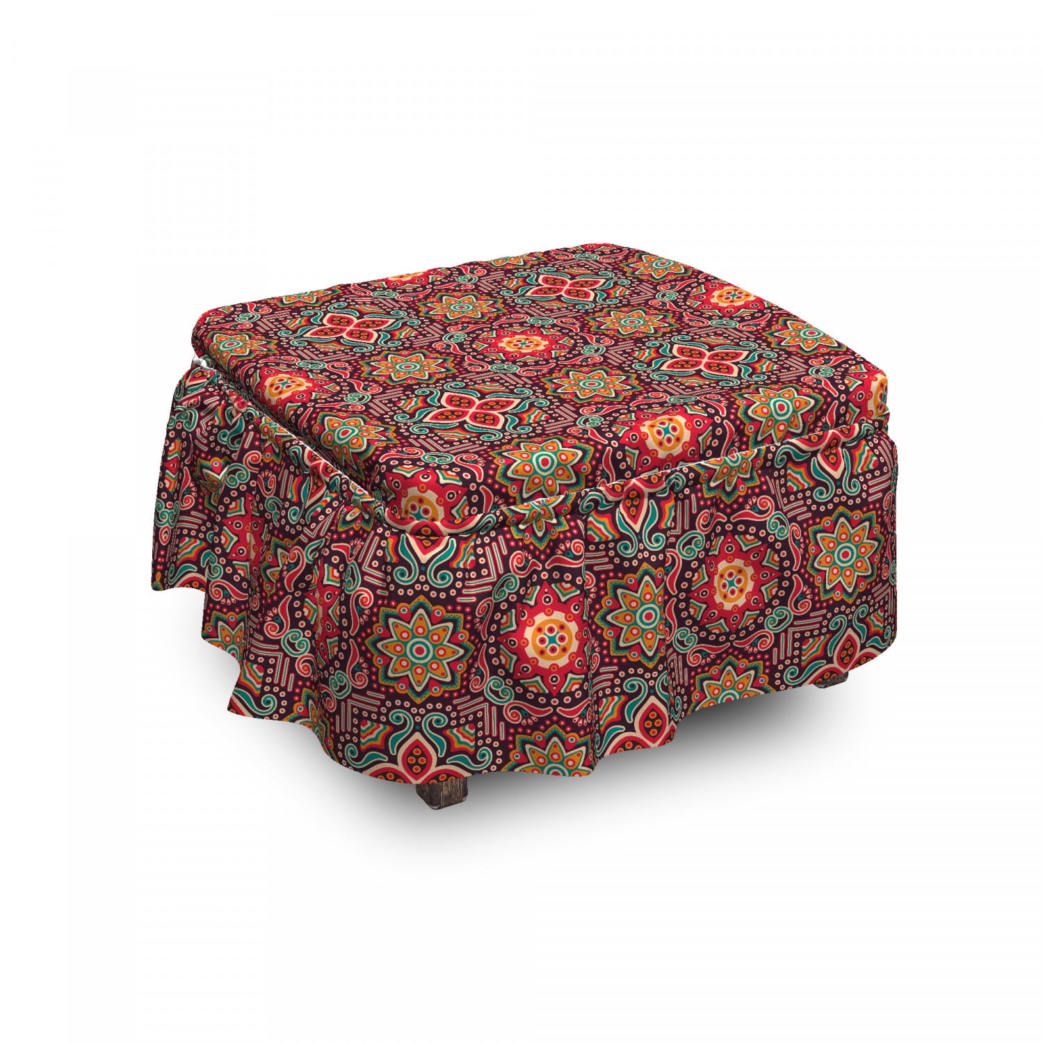 Oriental Ottoman Cover, Doodle Motif, 2 Piece Slipcover Set with Ruffle ...
