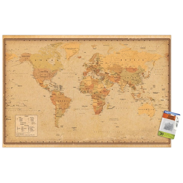 Antique World Map 2023 Wall Poster with Pushpins, 22.375" x 34 ...