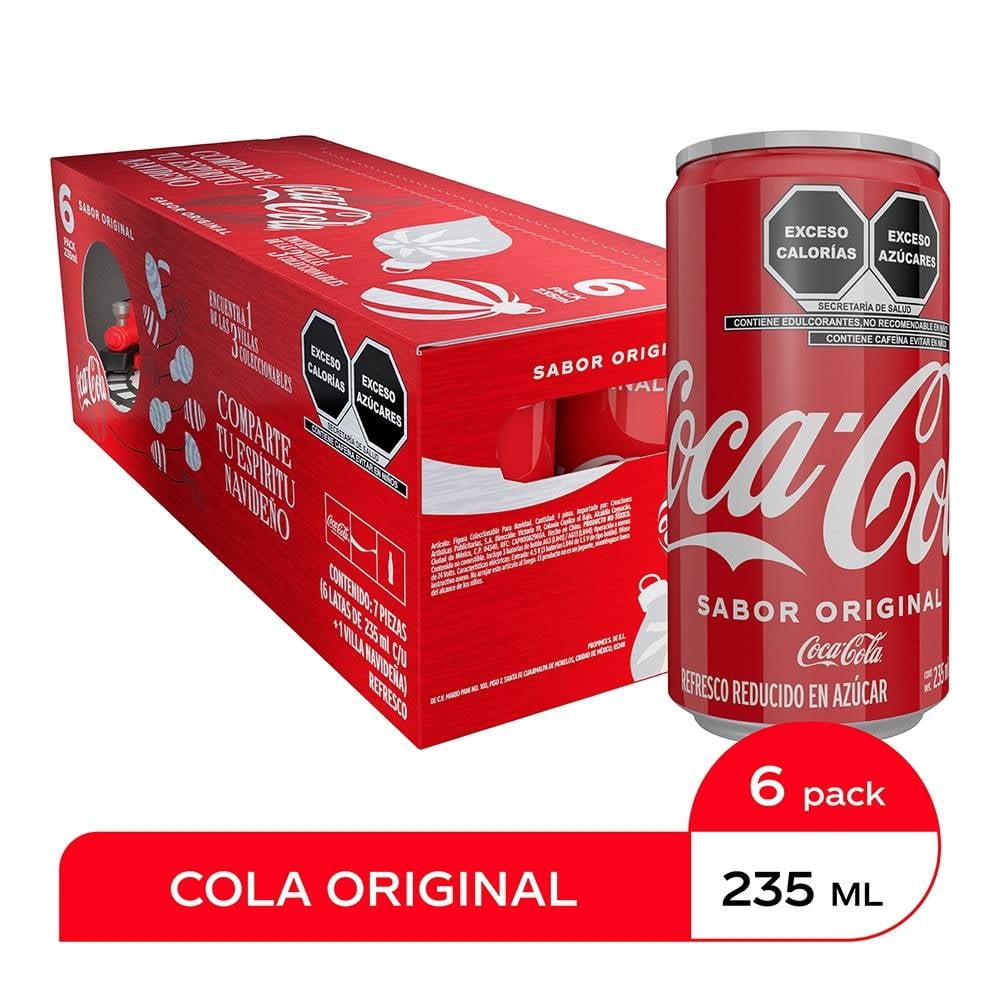 Refresco Coca-Cola original 6 latas con 235 ml c/u + 1 villa navideña | Walmart en línea
