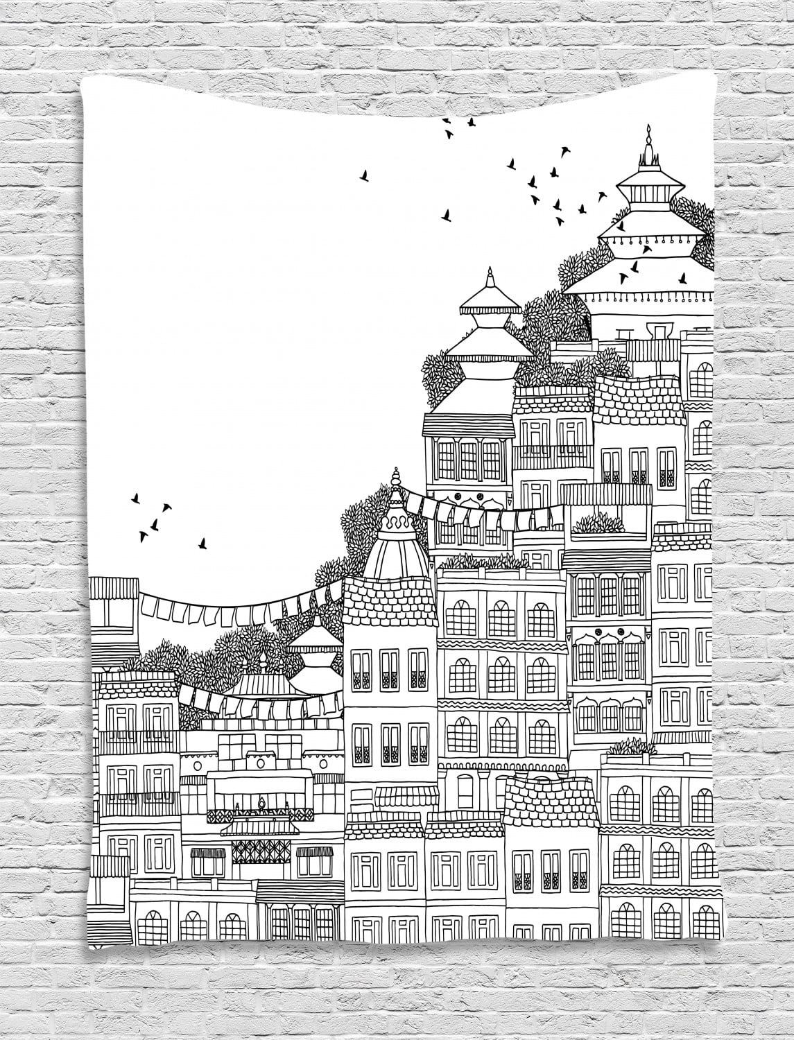 Nepal Tapestry, Hand Drawn Monochrome Scene from Kathmandu Urban Life ...