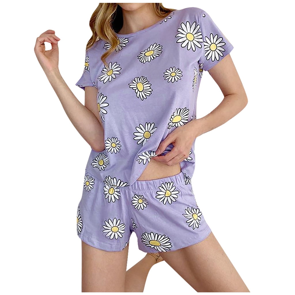 Women's Popular Daisy Flower Short-Sleeved Casual Wear Pajamas Suit ...