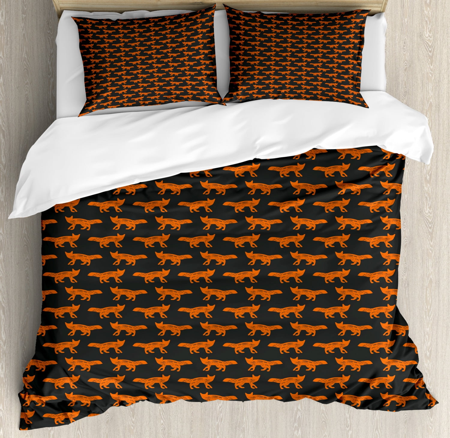 Fox Queen Size Duvet Cover Set, Forest Animal Silhouette Pattern Sketch ...