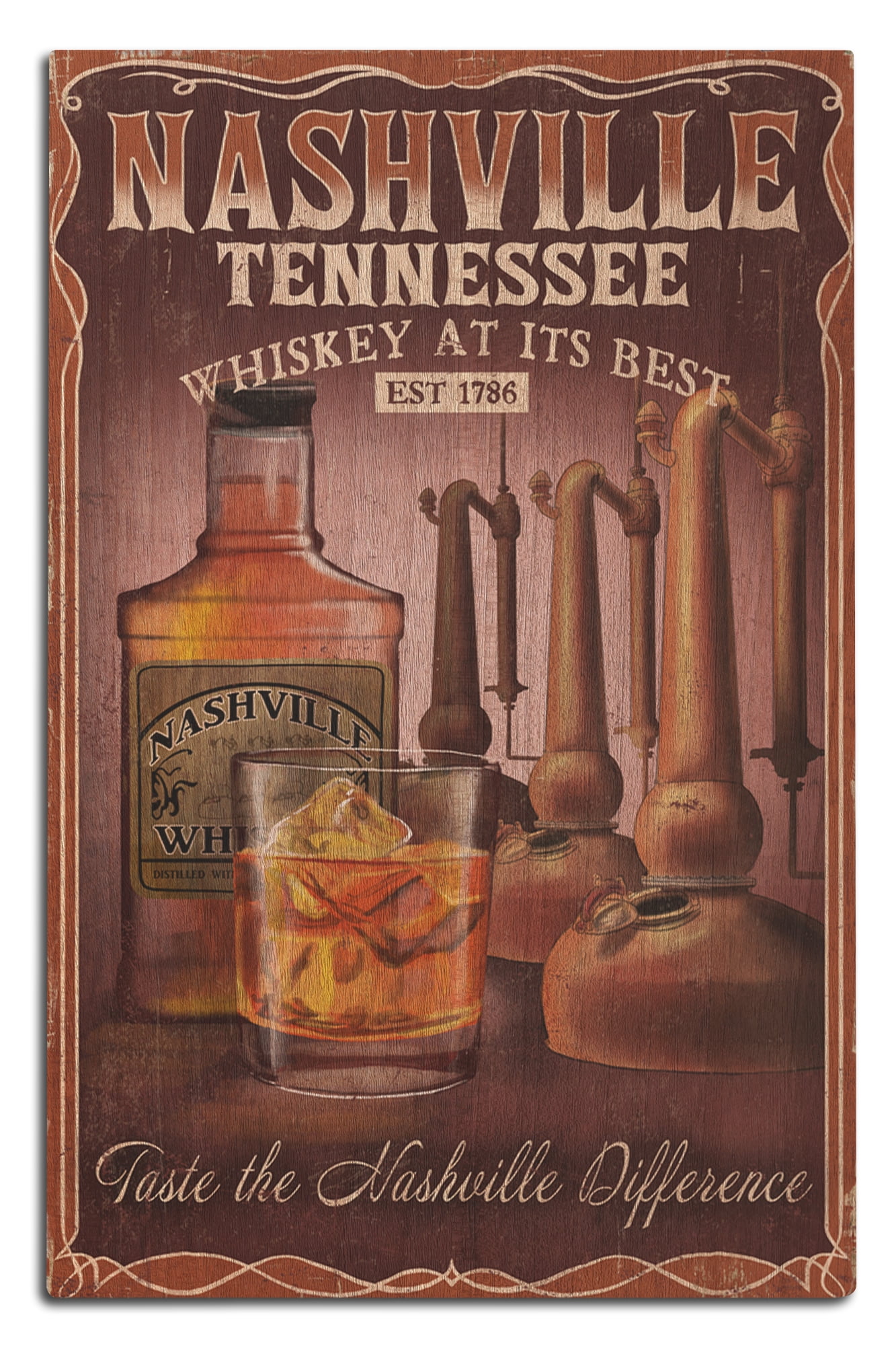 Nashville, Tennessee, Whiskey Vintage Sign Birch Wood Wall Sign (12x18 ...
