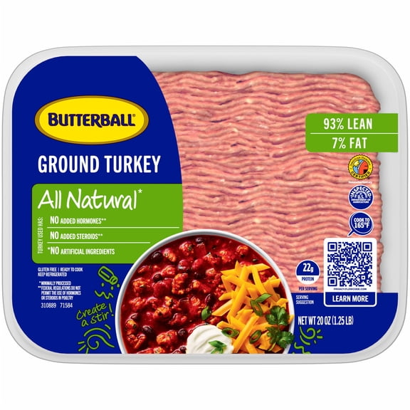 Butterball All Natural Fresh Ground Turkey, 93/7%, Tray, 3 Pounds, 22 ...