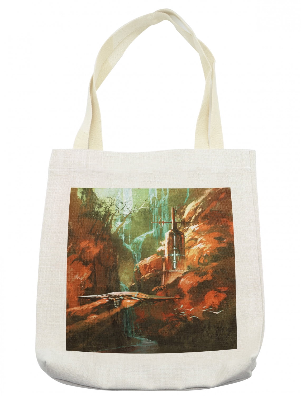 Fantasy World Tote Bag, Spaceship on Background of Waterfall Lighthouse ...
