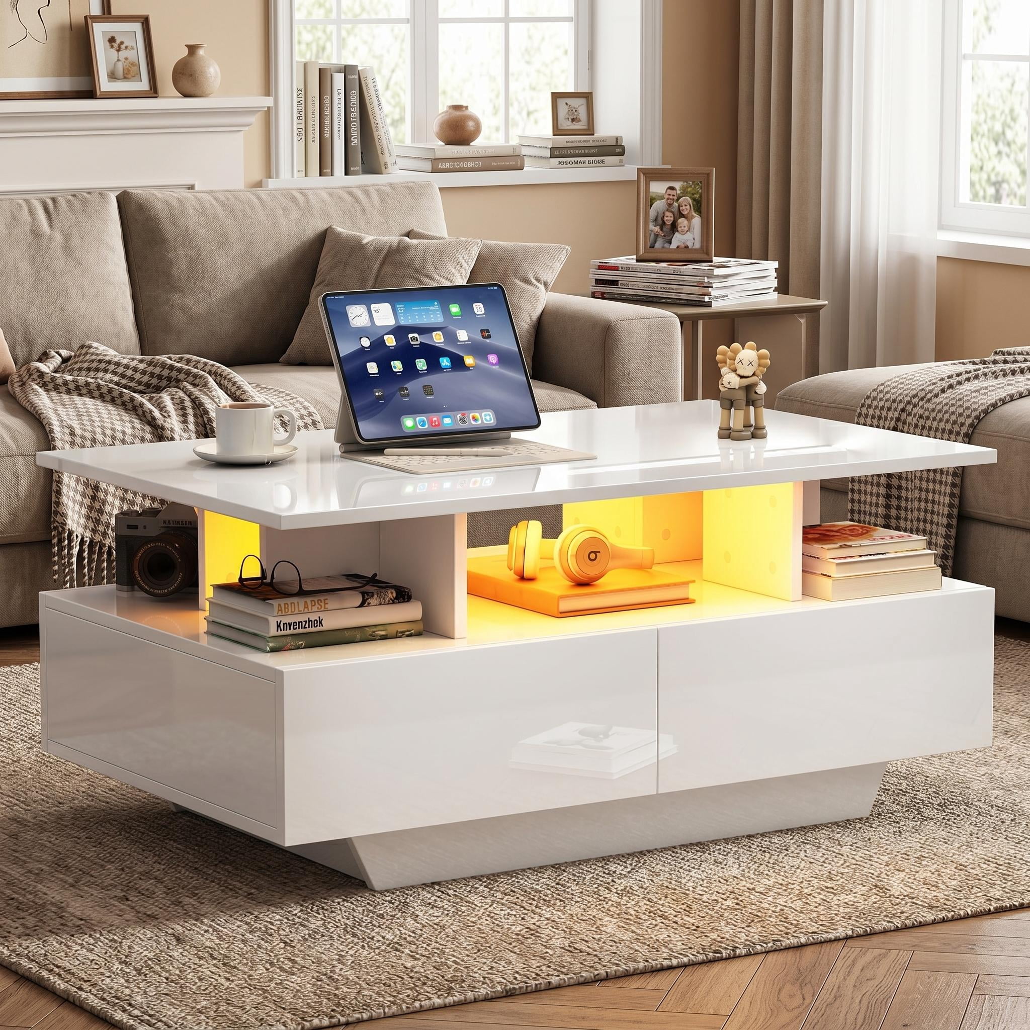 Homy Casa, White LED Coffee Table with 2 Drawers, Open Storage and App ...