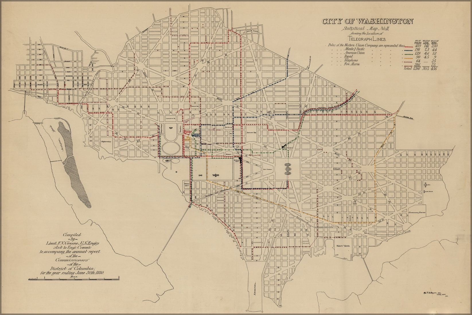 24"x36" Gallery Poster, map of telegraph lines in washington d.c. 1880 ...