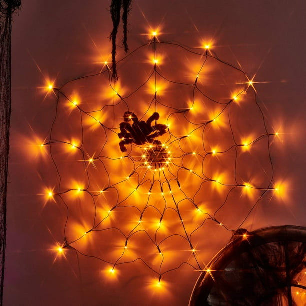 LED Halloween Spider Web Light Orange Light with Black Spider Halloween ...