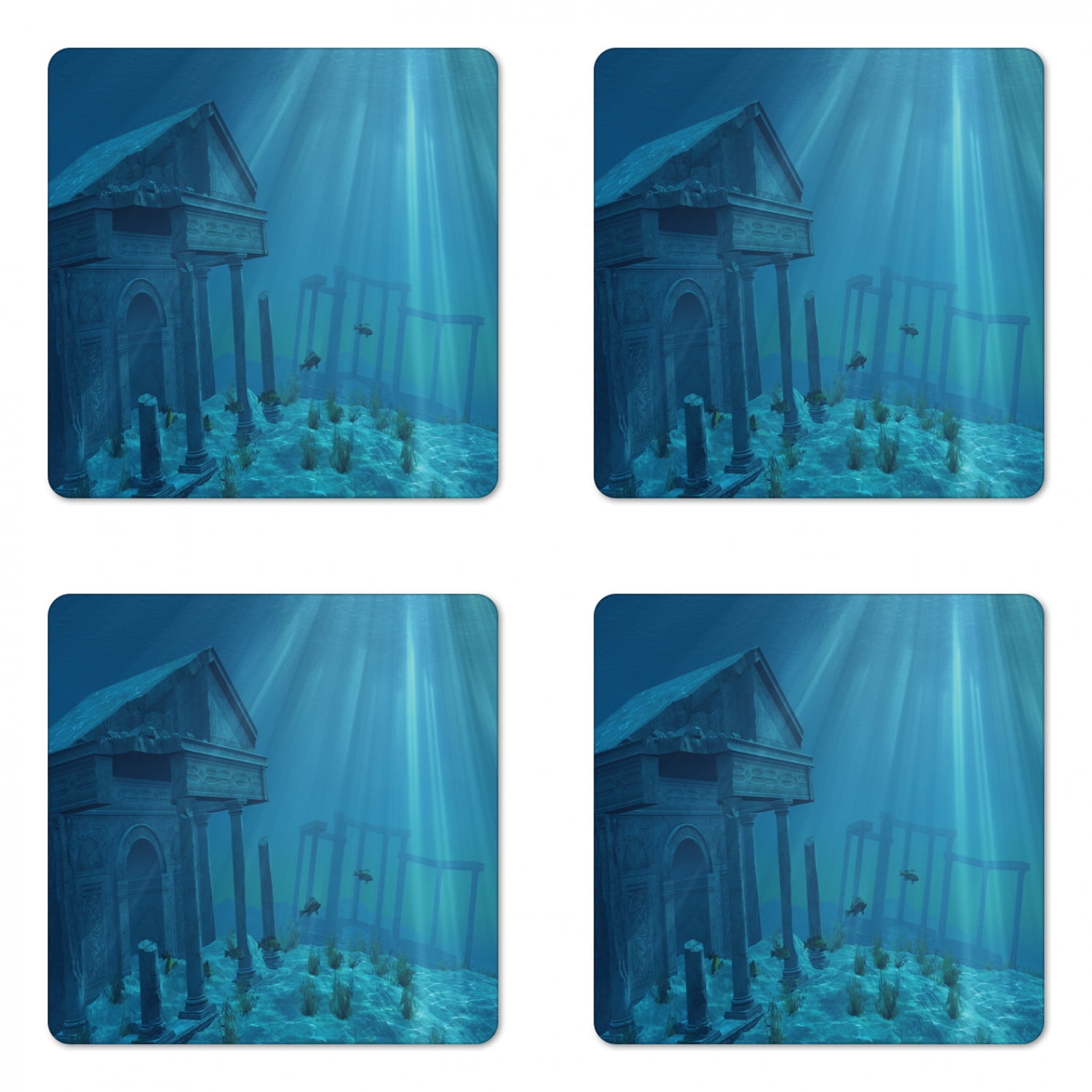 Ocean Coaster Set of 4, Sun Rays over Ruins of a Former Civilization ...