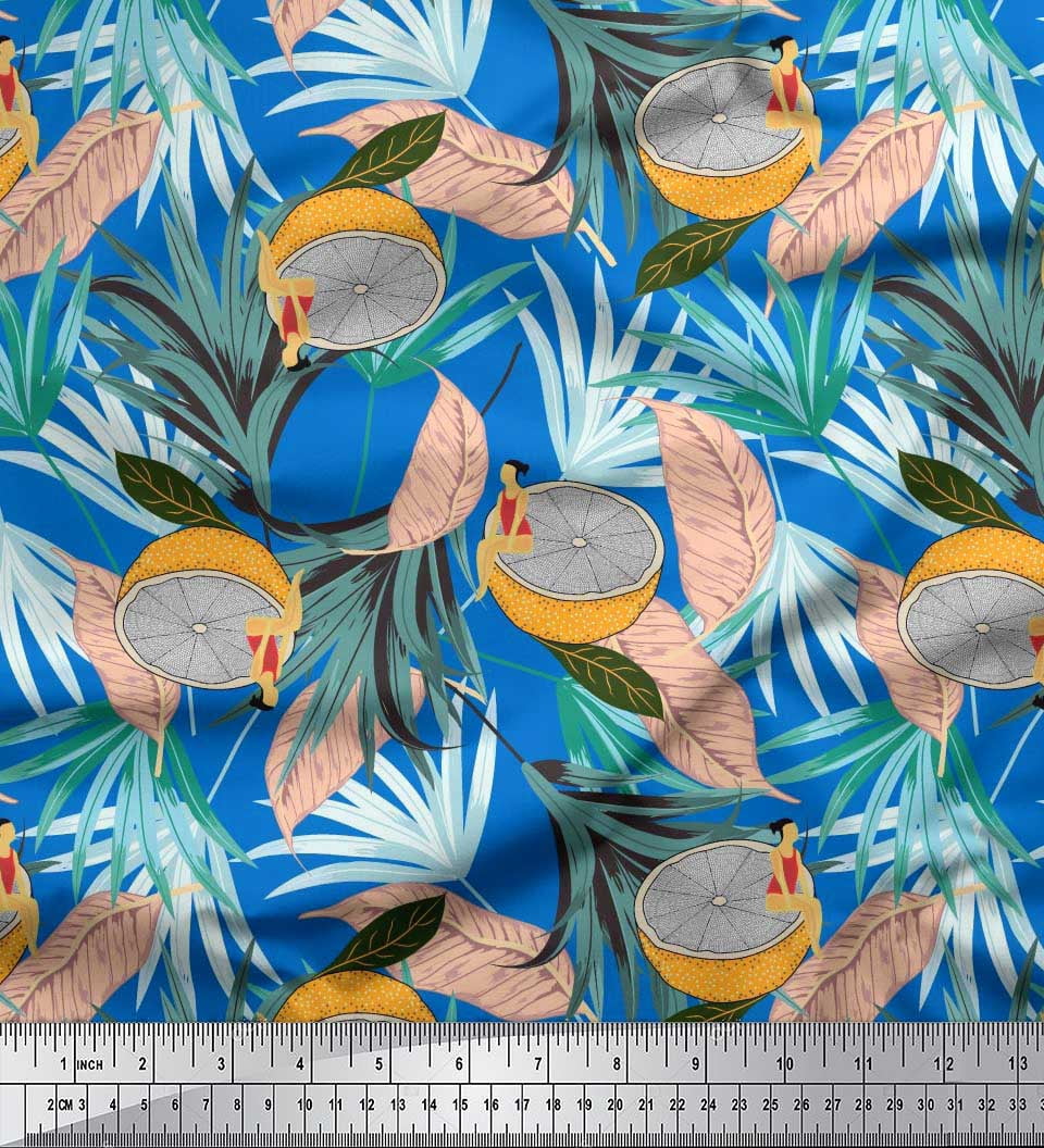Soimoi Blue Cotton Duck Fabric Tropical Leaves,Girl & Lemon Slice ...