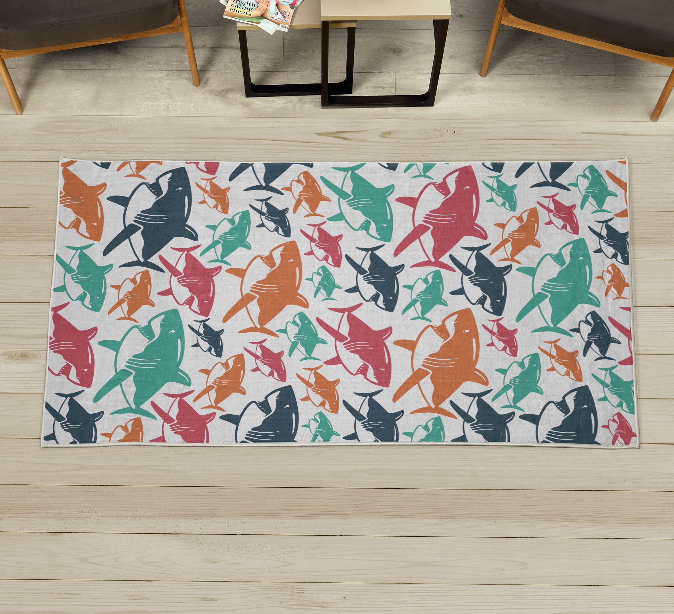 Shark Decorative Rug, Colorful Underwater Fish Pattern Masters Survival ...