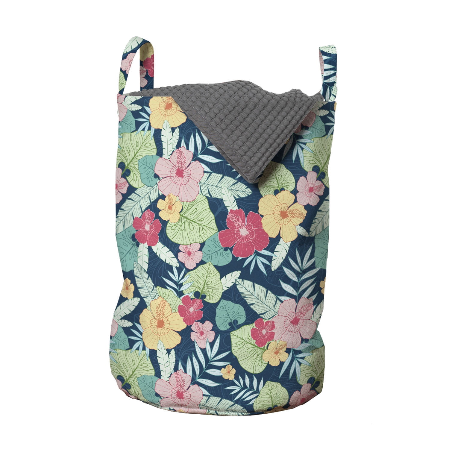 Floral Laundry Bag, Hibiscus Flower and Leaves Tropical Summer Flair ...