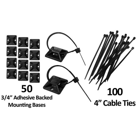 Self-Adhesive Backed Mounting Bases KIT - 50 Pack with cable Ties ...