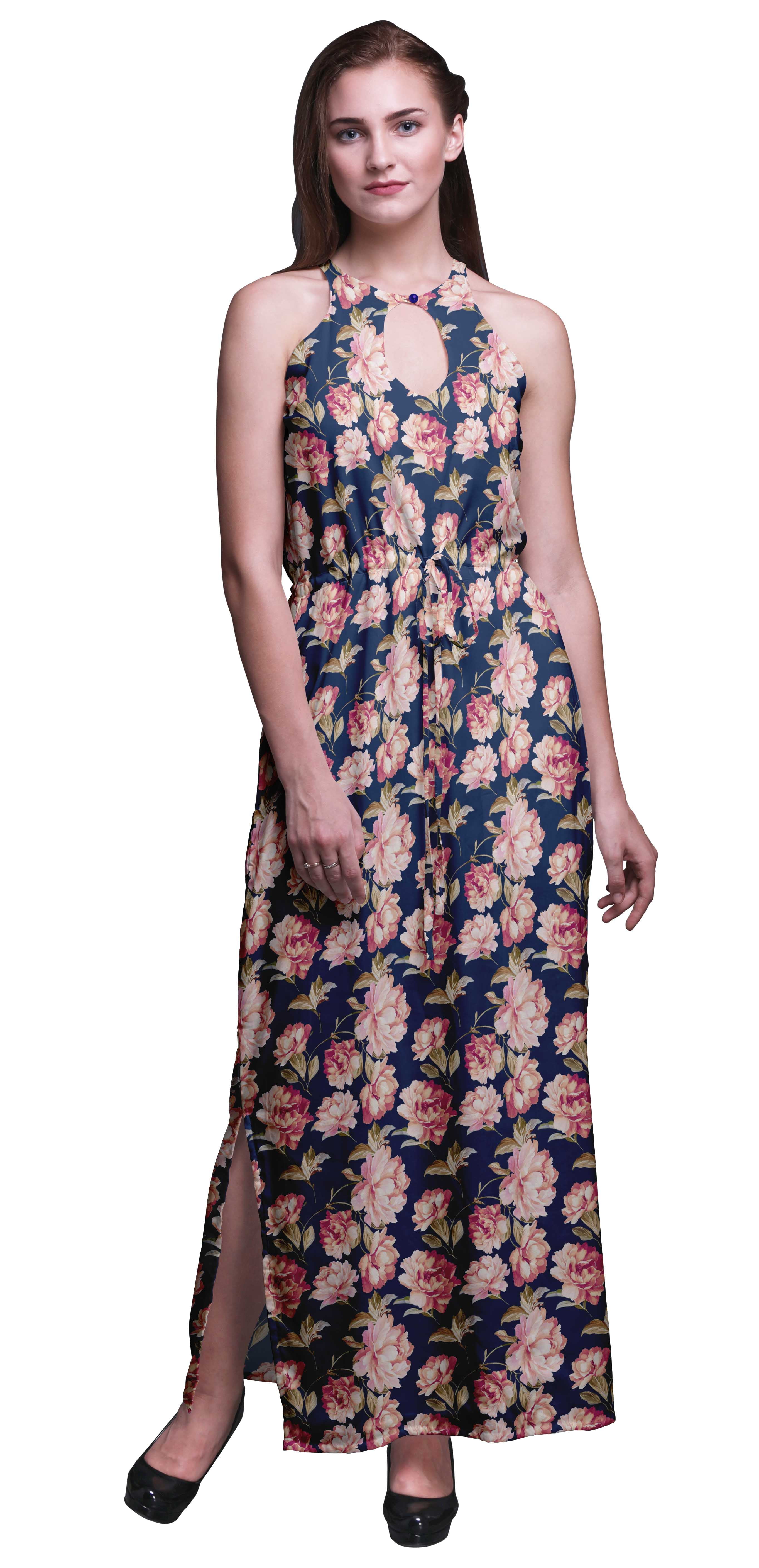 Bimba Floral Women Printed Crew Neck Side Slits Halter Dress Long ...