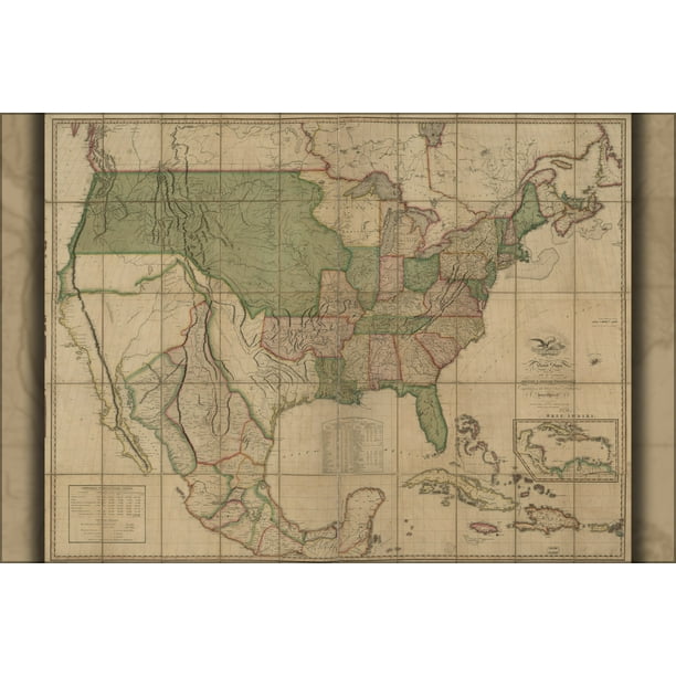24"x36" Gallery Poster, Map of United States of America & mexico 1820 ...