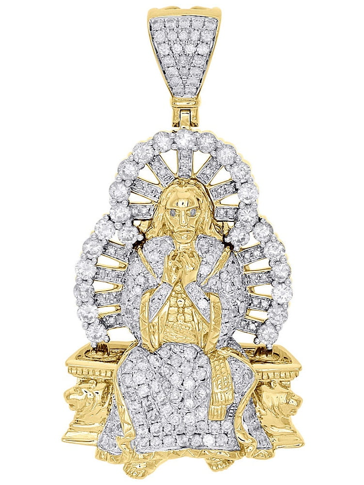 14K Yellow Gold Round Diamond Jesus Praying Throne Pendant 2.30" Charm ...