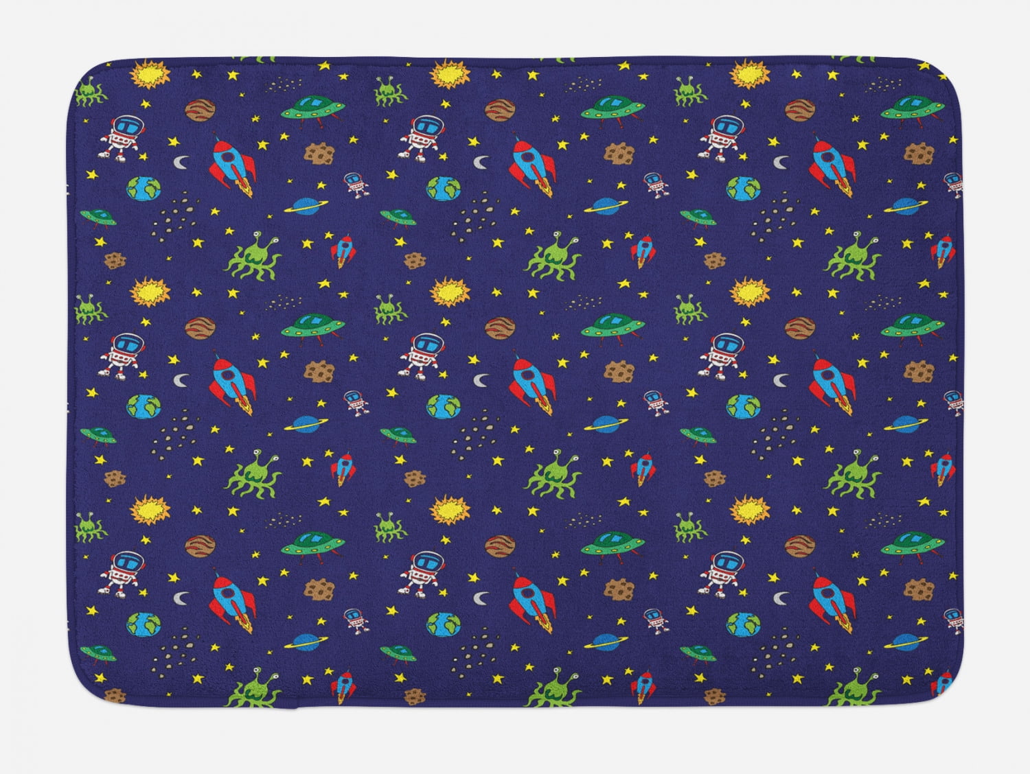 Space Bath Mat, Doodle Style Cartoon Rocket Astronaut and UFO Alien ...
