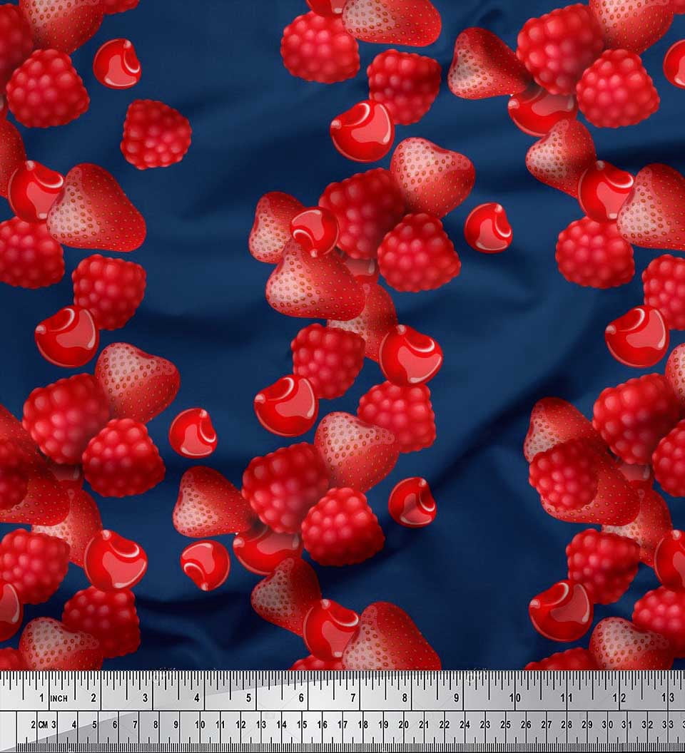 Soimoi Rayon Crepe Fabric Raspberry,Strawberry & Cherry Fruits Print ...