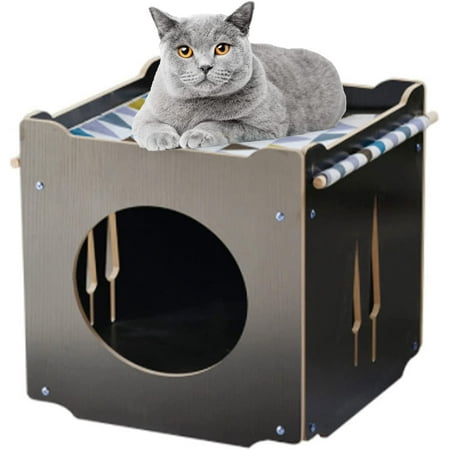 Cat House Kitten Wood Bed Cave Hideout with Hammock 2 in 1 Stackable ...