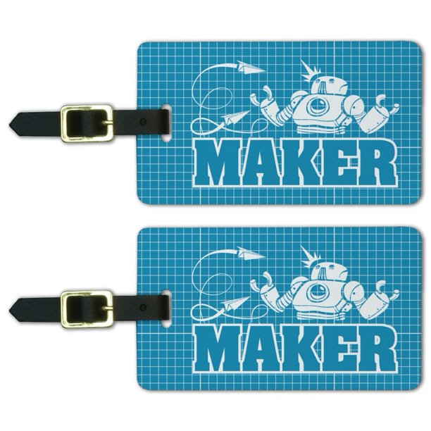 Maker Blueprint Design with Robot and Gears Luggage ID Tags Suitcase ...
