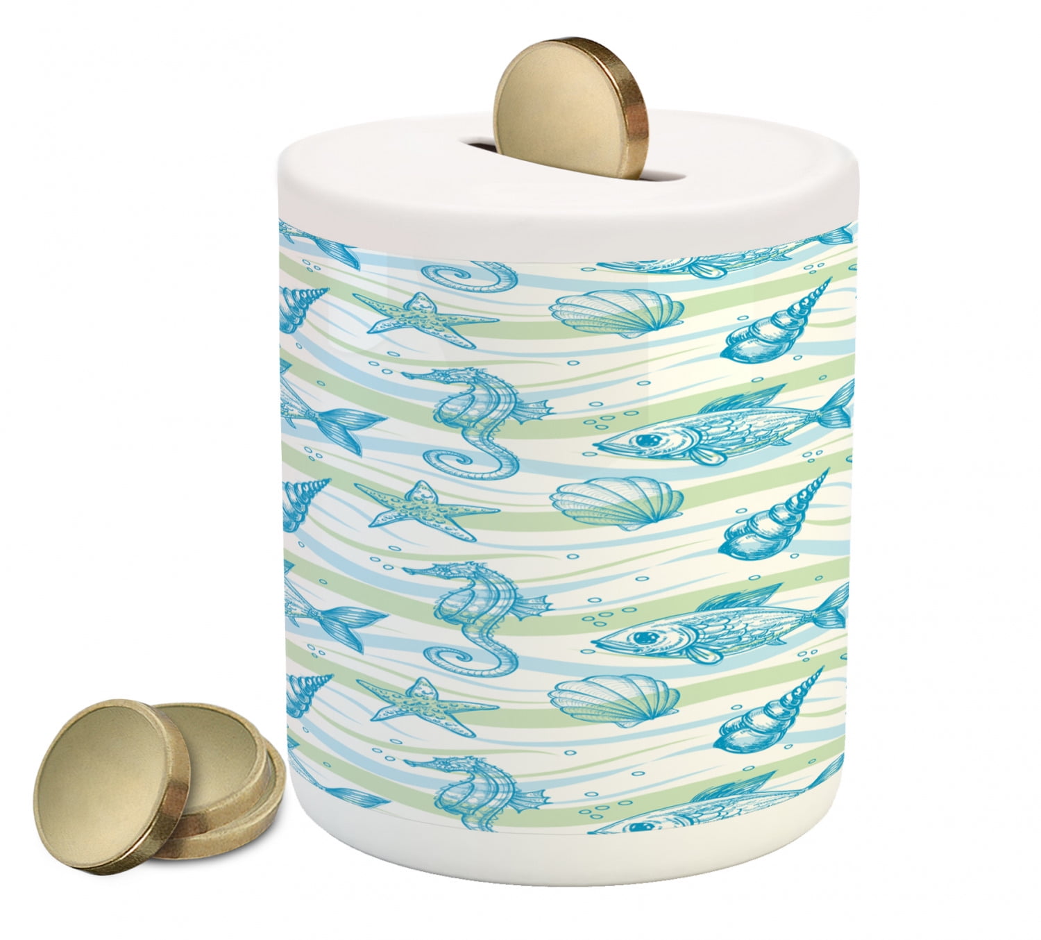 Nautical Piggy Bank, Marine Ocean Shell Starfish Oyster Mollusk Sea ...