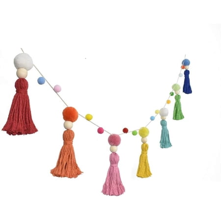 Rainbow Pom Pom Tassel Garland Macrame Colorful Boho Banner for Party ...