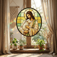 Stained Glass Jesus Holding Lamb Suncatcher, Good Shepherd Round Window ...