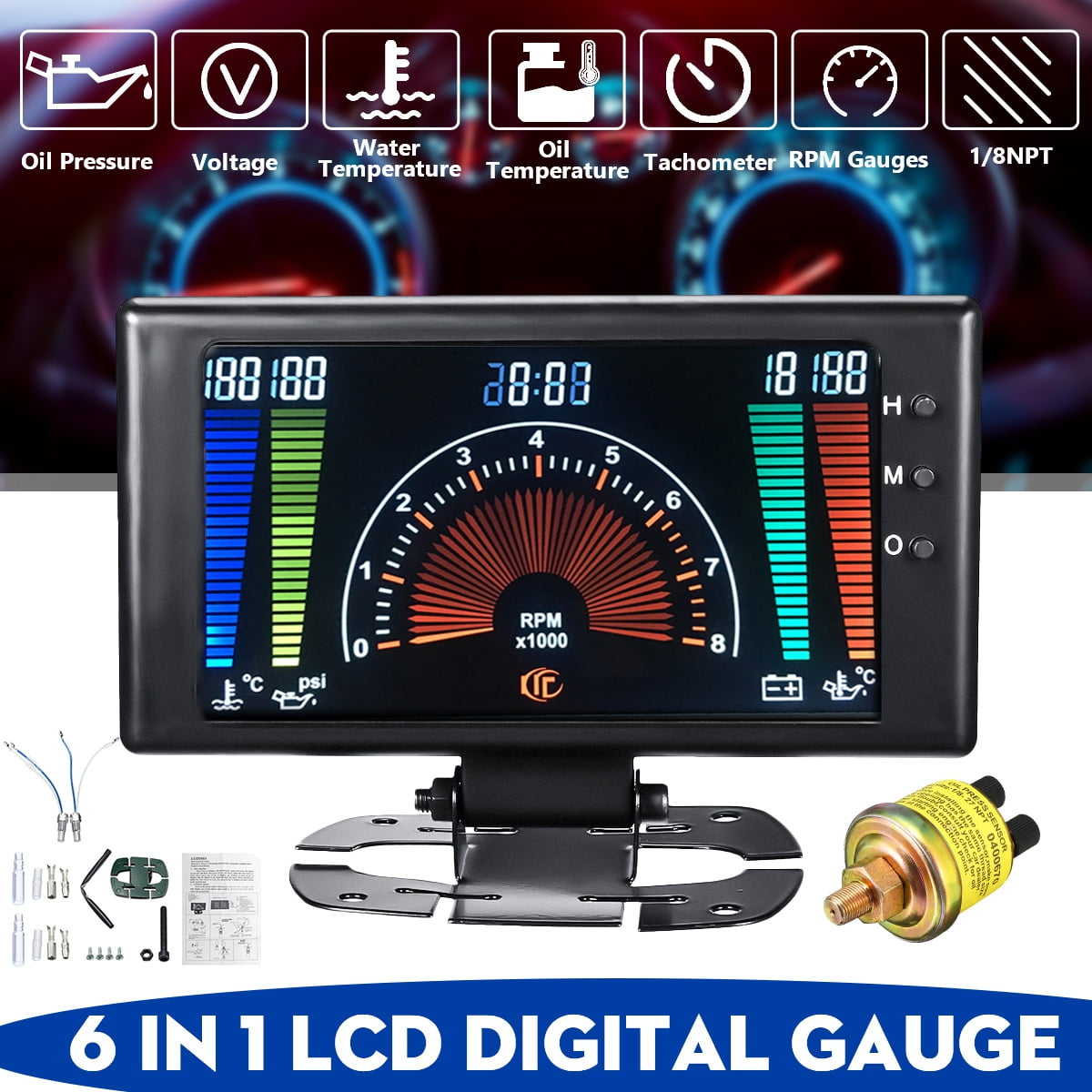 Car 6 in 1 LCD Car Digital Gauge Oil Pressure Voltage Water Temperature ...