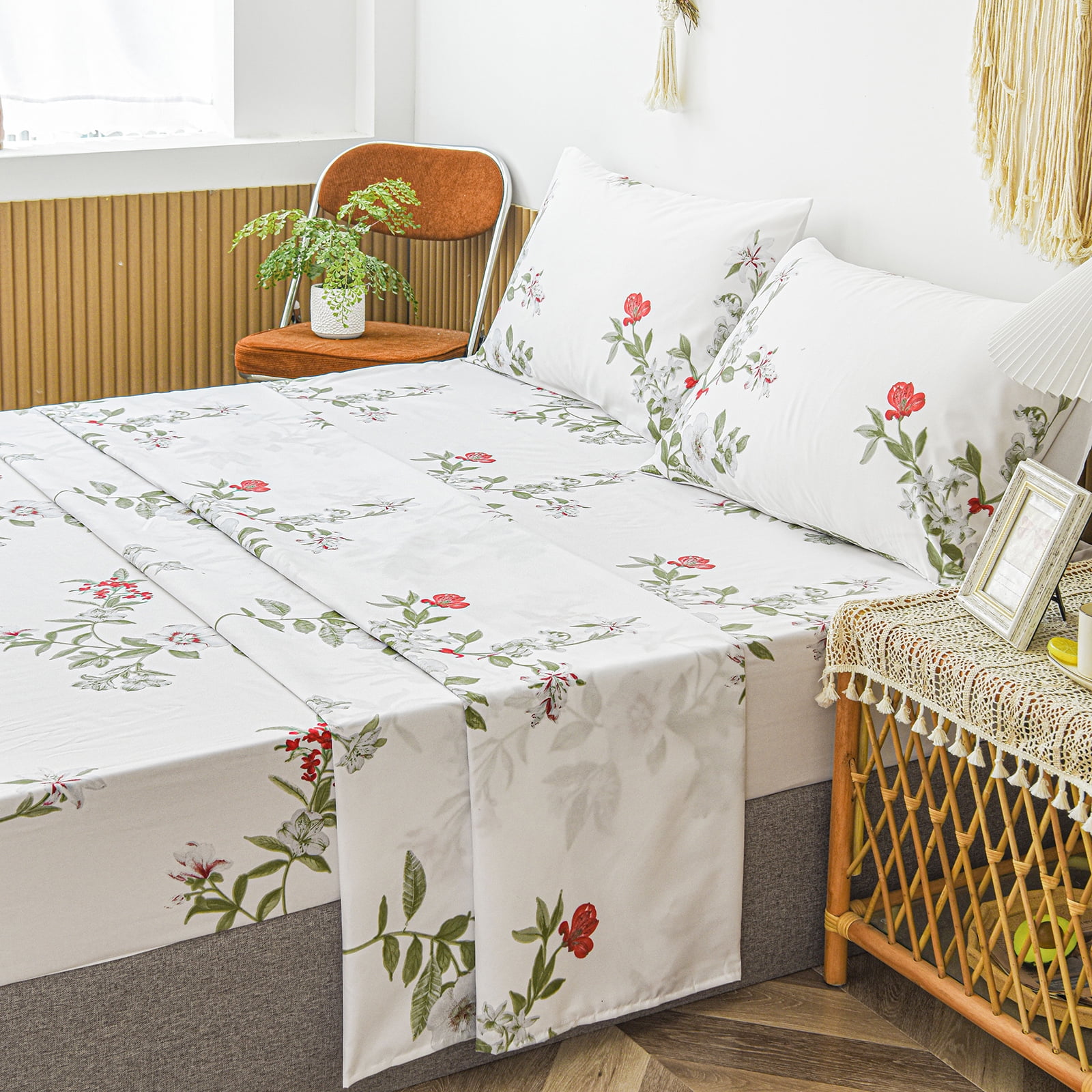 Move Over 4 pcs White Flowers Sheet Set Twin Botanical Fitted Sheet ...