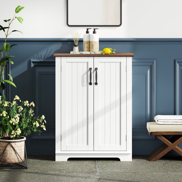 WAMPAT Bathroom Free Standing Cabinet with Doors, White Wood 31.5 ...