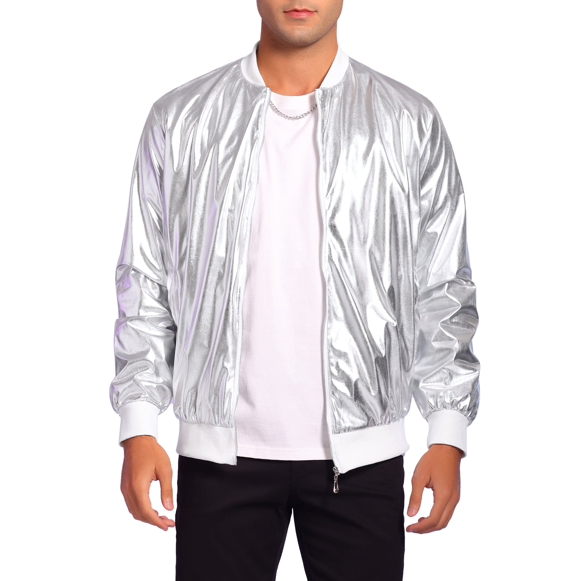 Click here for Inspire Chic Shiny Varsity Jacket For Mens Metalli... prices