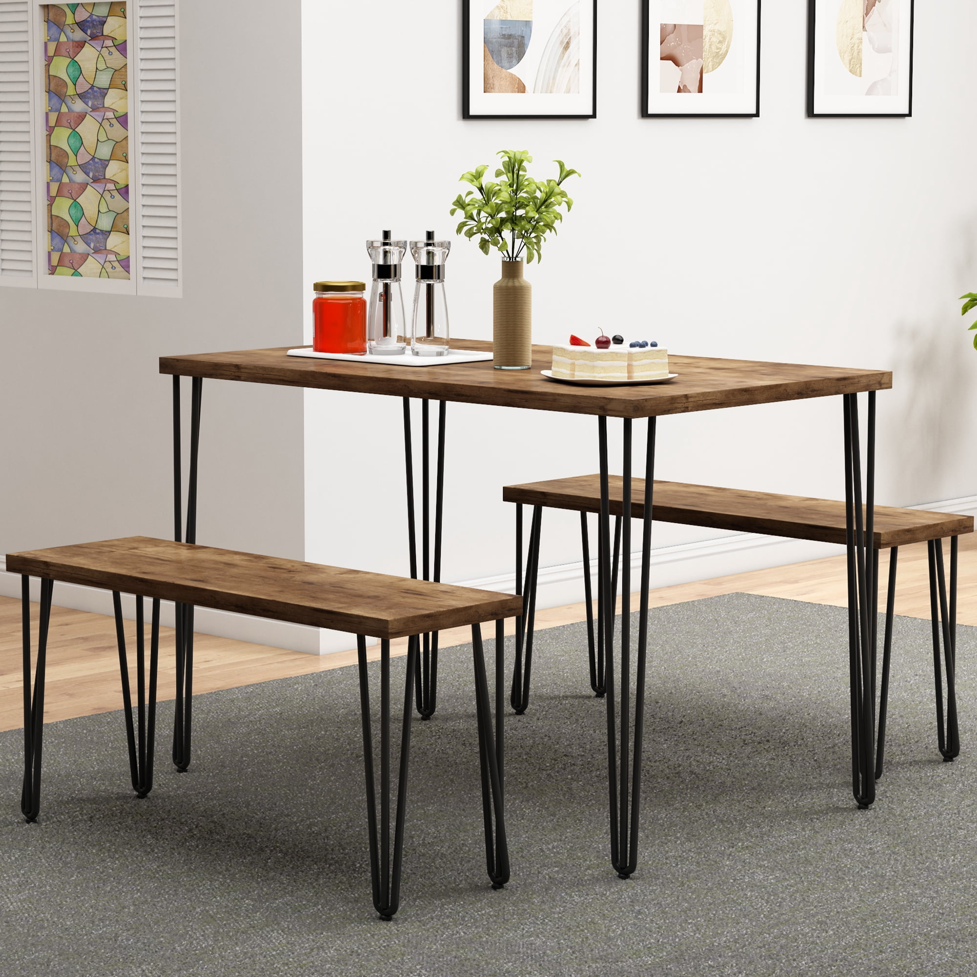 3 Pieces Bench Table Dining Set, SESSLIFE Rustic Brown Kitchen Table ...