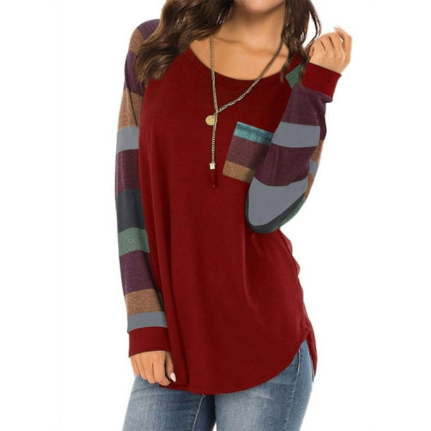 Women Round Neck Long Sleeves Color Block Tunic Shirt - Walmart.com